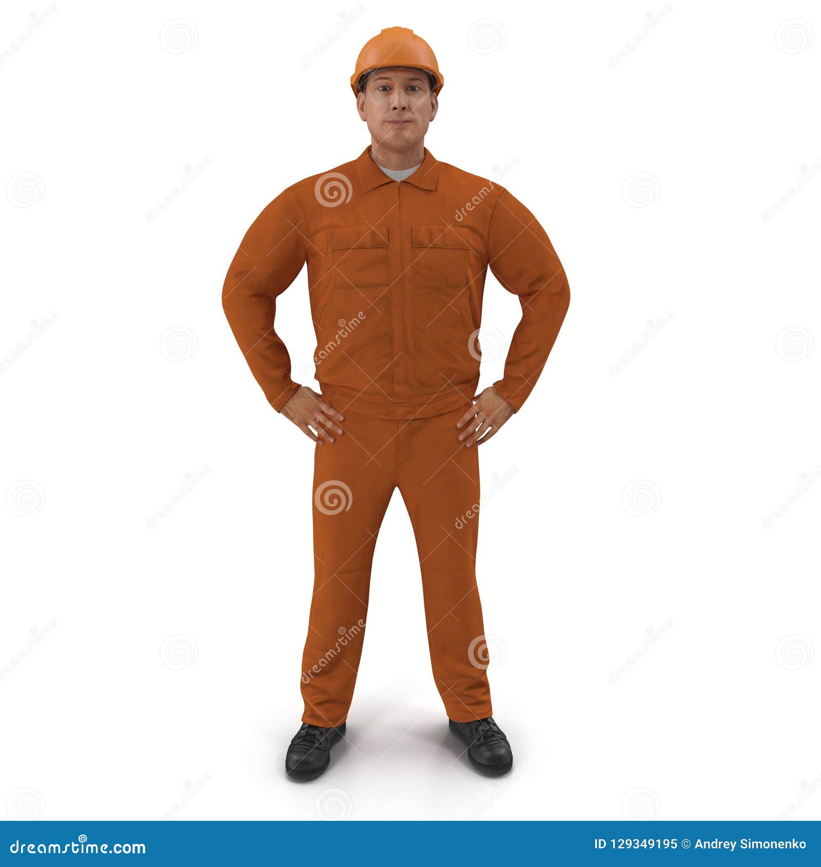 Builder Wearing Orange Coveralls Standing Pose. 3D Illustration ...