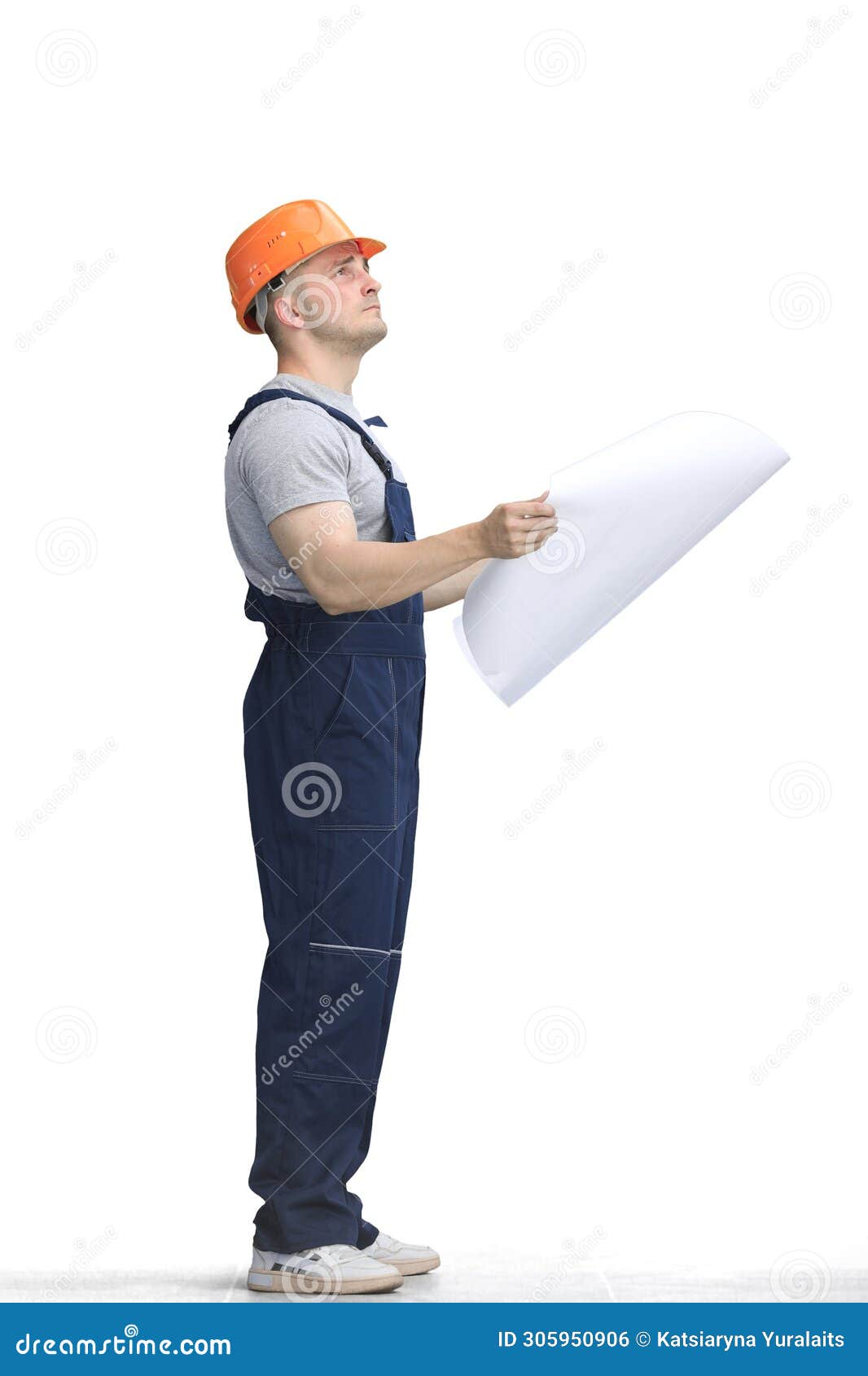 Builder, on a White Background, Full-length, with a Drawing Stock Photo ...