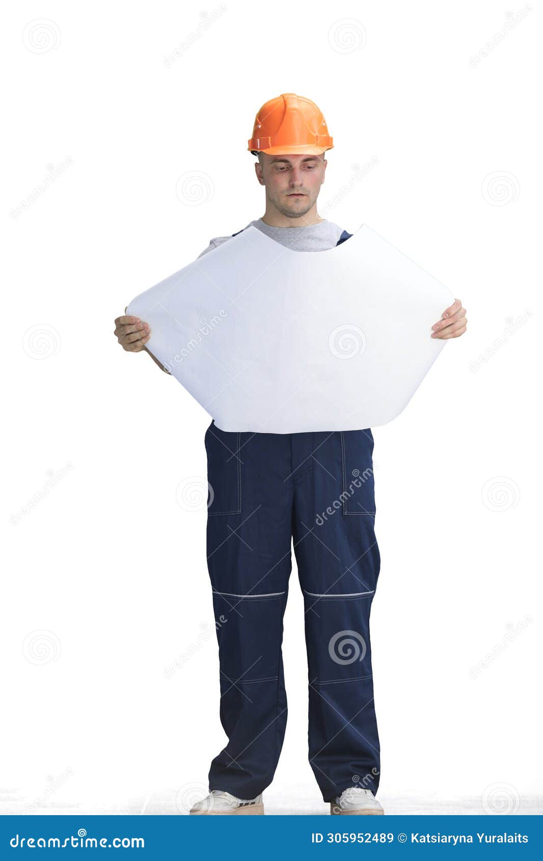 Builder, on a White Background, Full-length, with a Drawing Stock Image ...