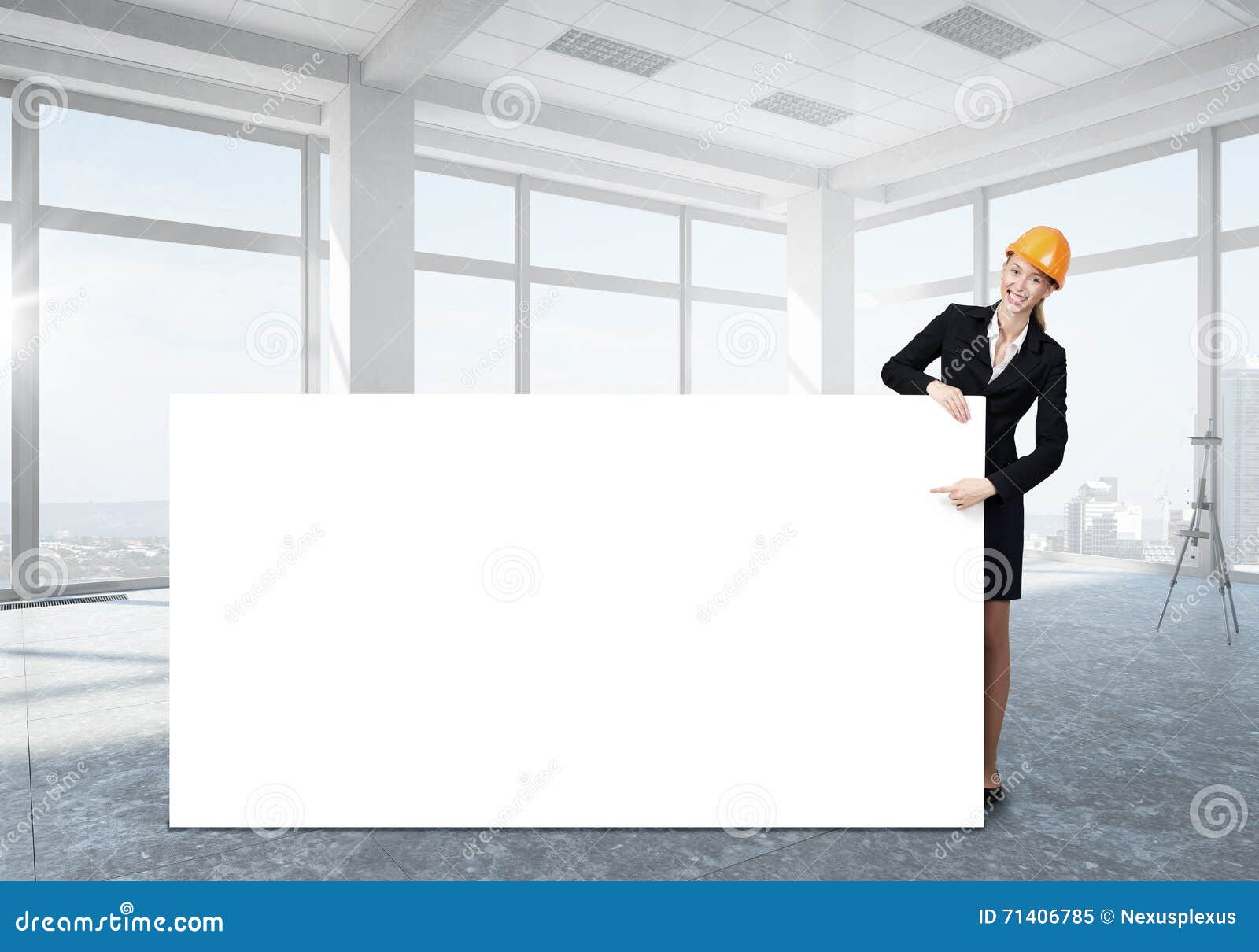Builder woman with banner stock image. Image of hard - 71406785