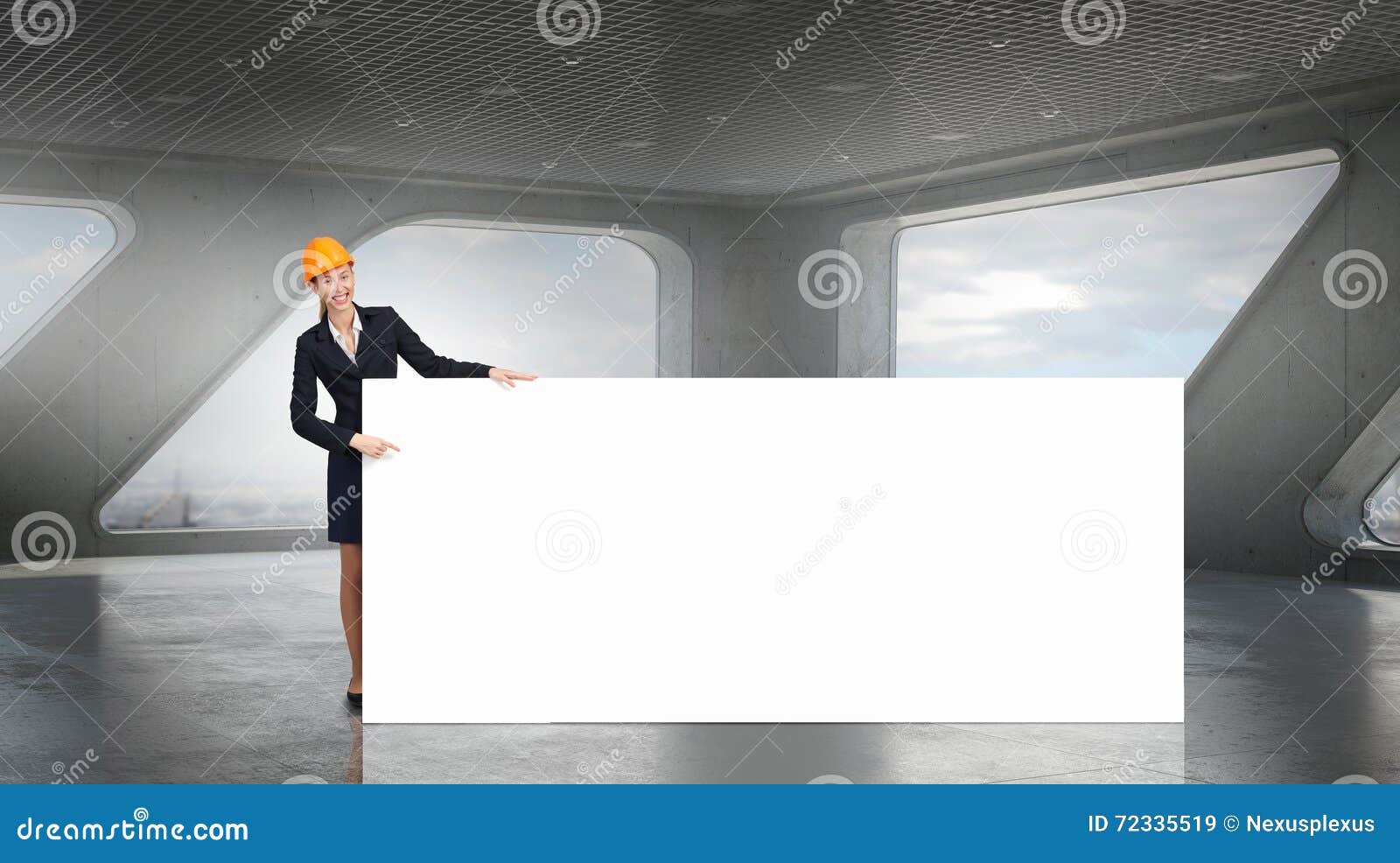 Builder woman with banner stock image. Image of happy - 72335519