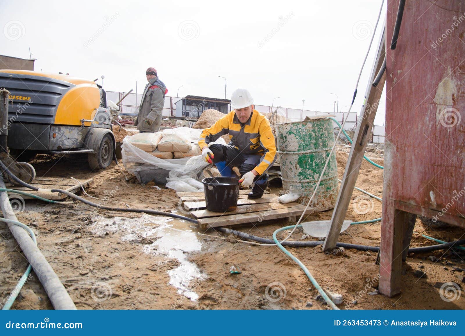 Builder in Work Clothes Prepares Tools and Materials Editorial Stock ...