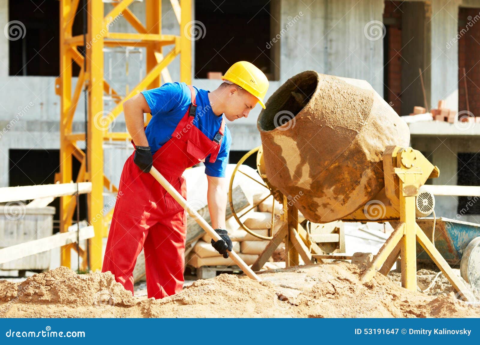 Builder Worker at Construction with Mixer Stock Image - Image of mortar ...