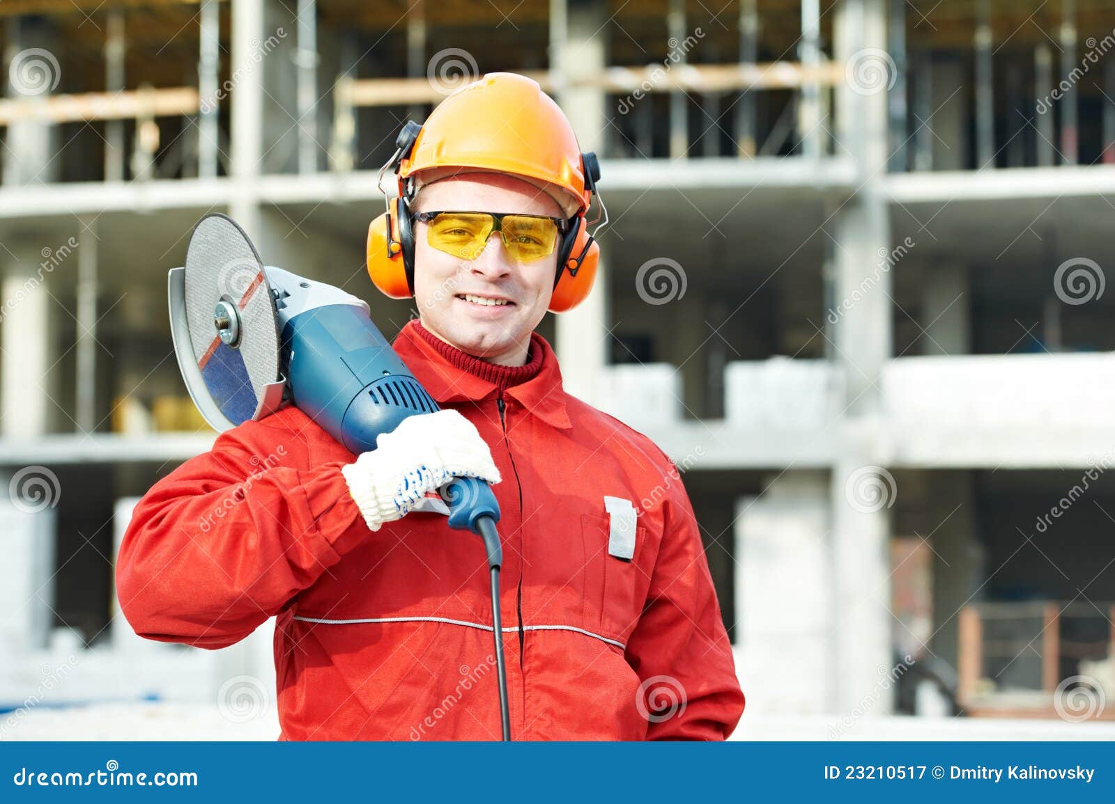 Builder Worker at Construction Site Stock Image - Image of glad, crane ...