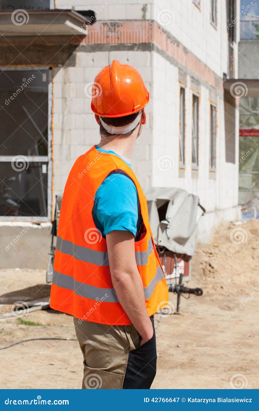Builder Worker at Construction Site Stock Image - Image of blue ...