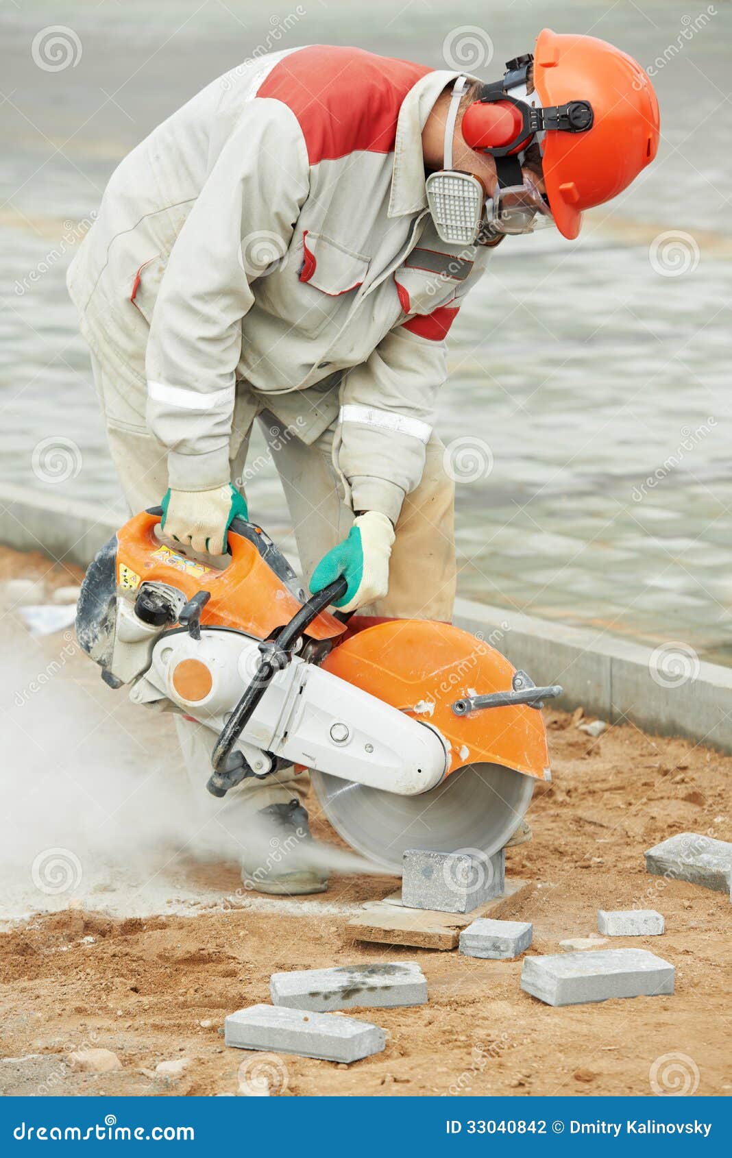 Builder Worker Cutting Curb with Disc Saw Stock Photo - Image of ...