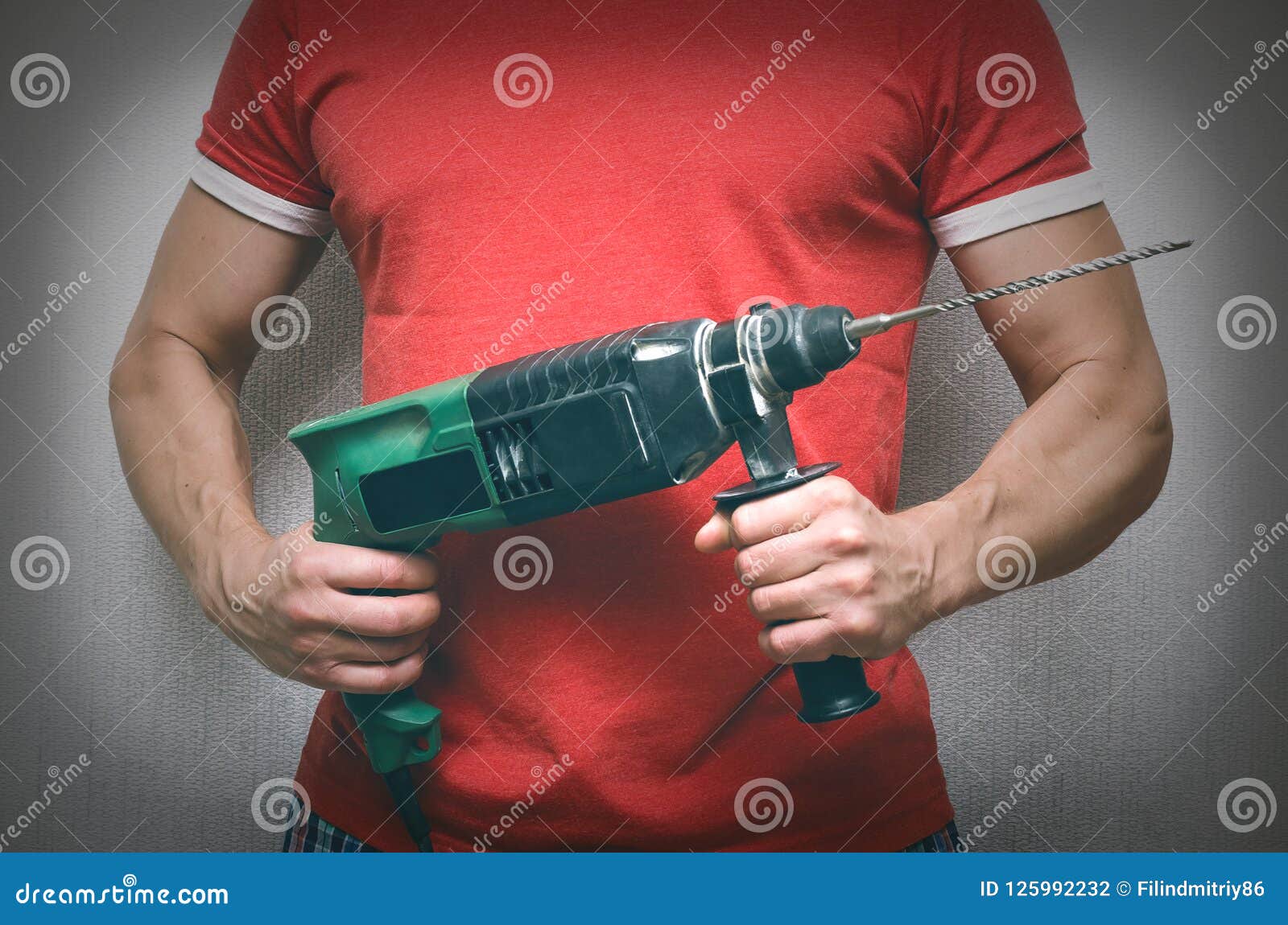 Builder with Perforator Drill. Stock Photo - Image of builder, drill ...