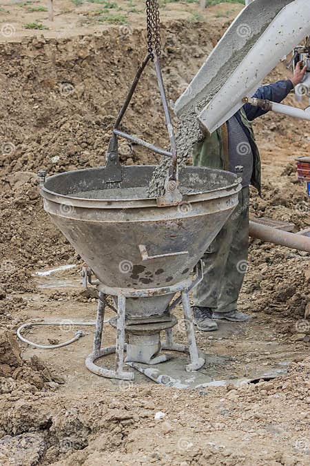 Builder Worker Filling Concrete Funnel Stock Image - Image of builder ...