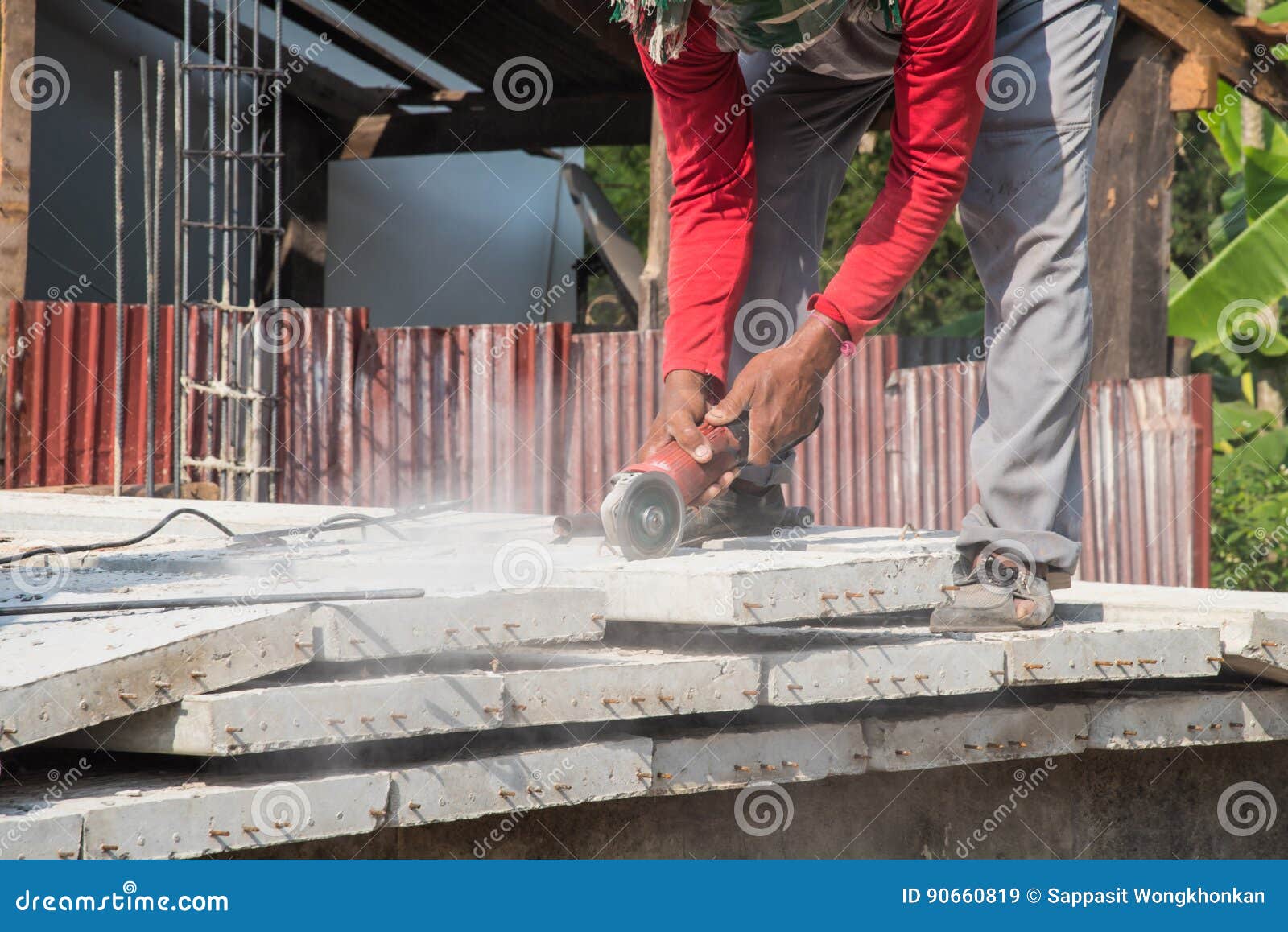 Builder Worker with Grinder Machine Cutting Concreate Floor Stock Image ...
