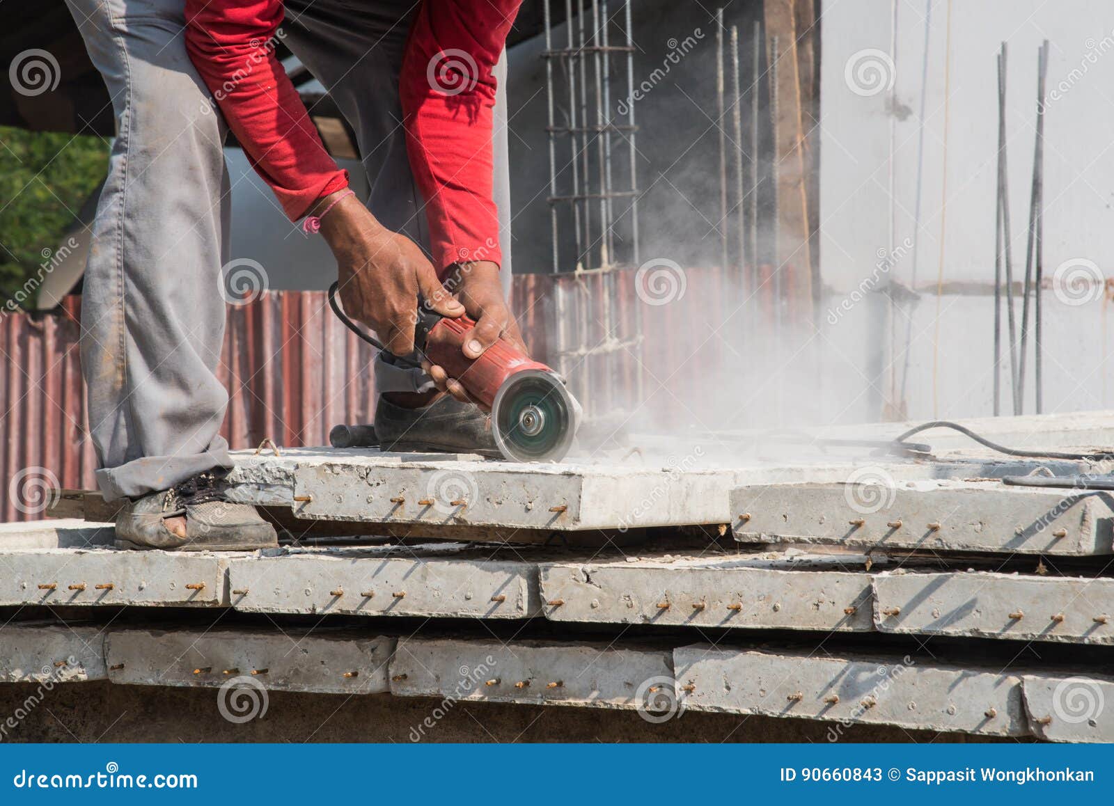 Builder Worker with Grinder Machine Cutting Concreate Floor Stock Image ...