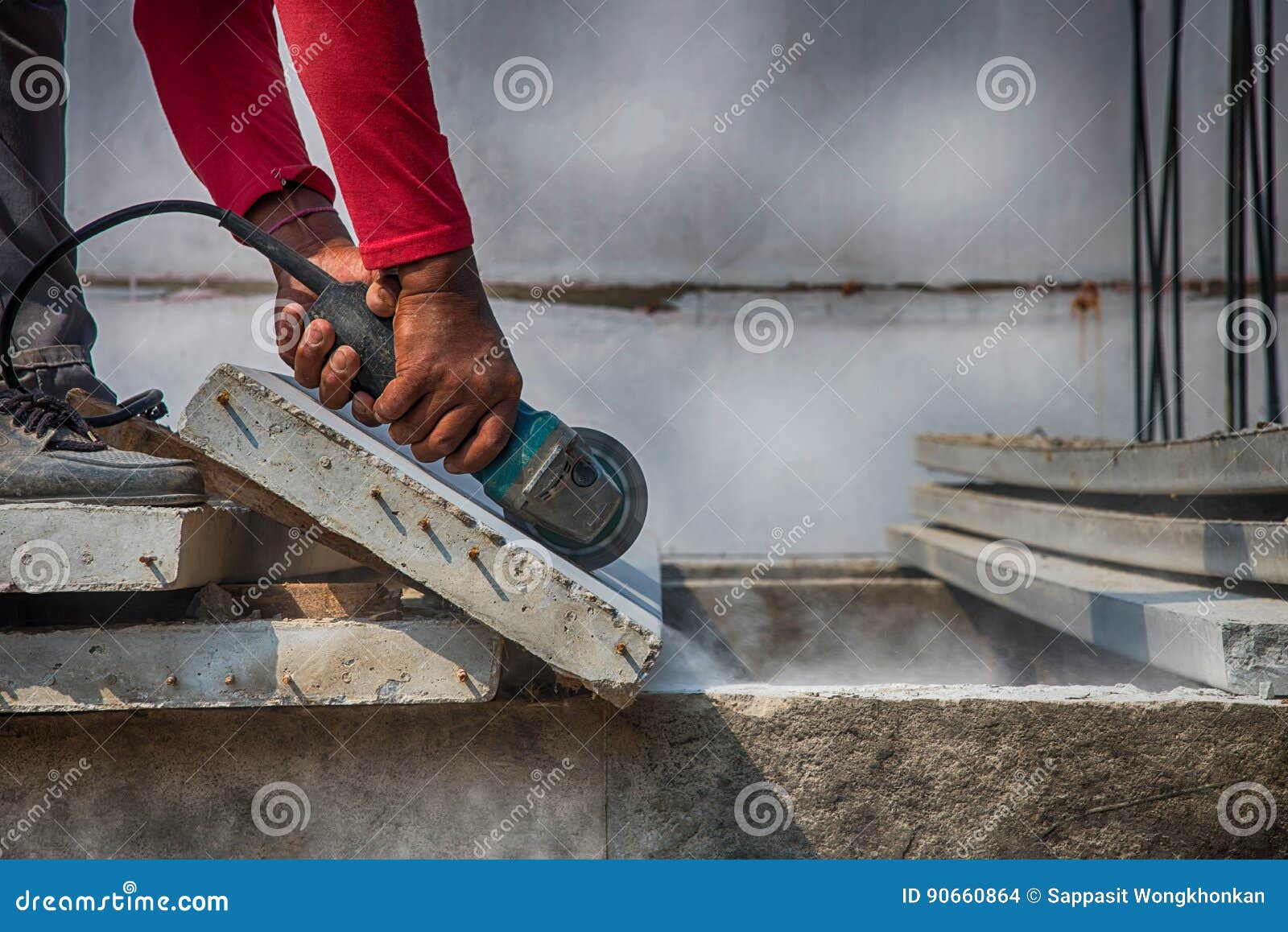 Builder Worker with Grinder Machine Cutting Concreate Floor Stock Photo ...