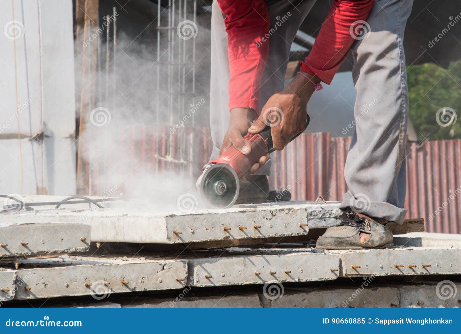 Builder Worker with Grinder Machine Cutting Concreate Floor Stock Image ...