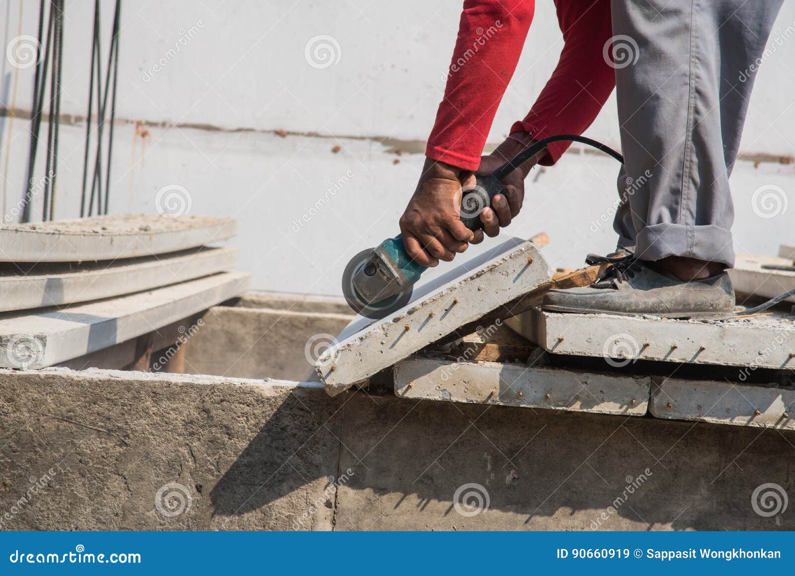 Builder Worker with Grinder Machine Cutting Concreate Floor Stock Image ...