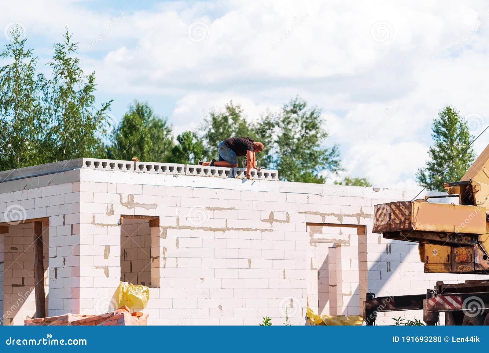 Builder Worker Installing Concrete Floor Slab Panel at Building ...