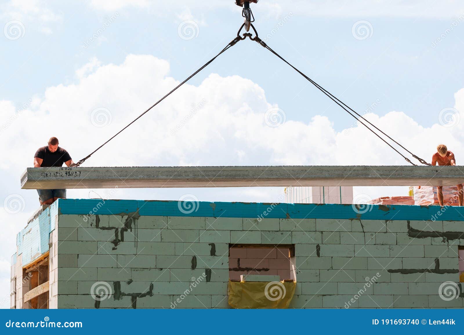Builder Worker Installing Concrete Floor Slab Panel at Building ...