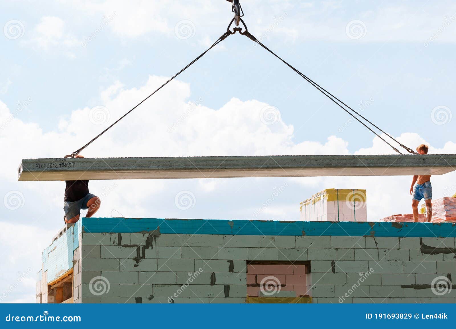 Builder Worker Installing Concrete Floor Slab Panel at Building ...