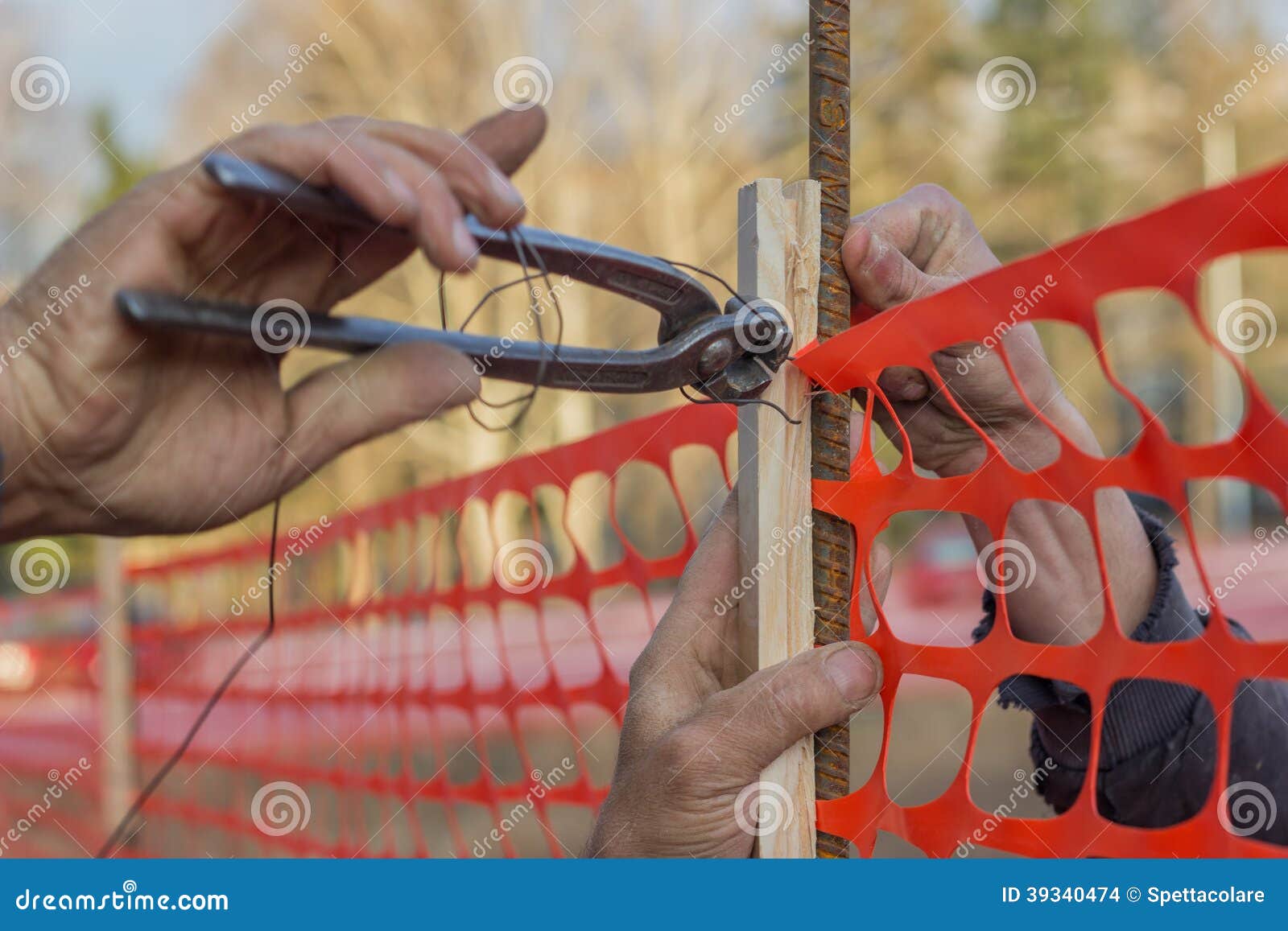 Builder Worker Installing Construction Safety Fence 3 Stock Photo ...
