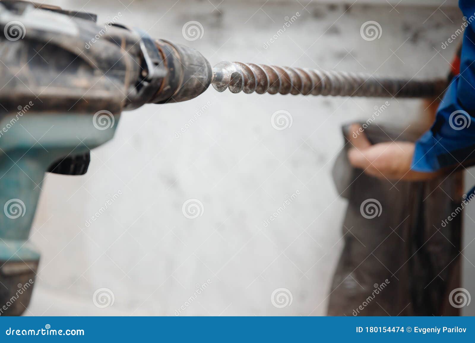 Builder Worker Man with Hammer Drill Perforator Equipment Making Hole ...