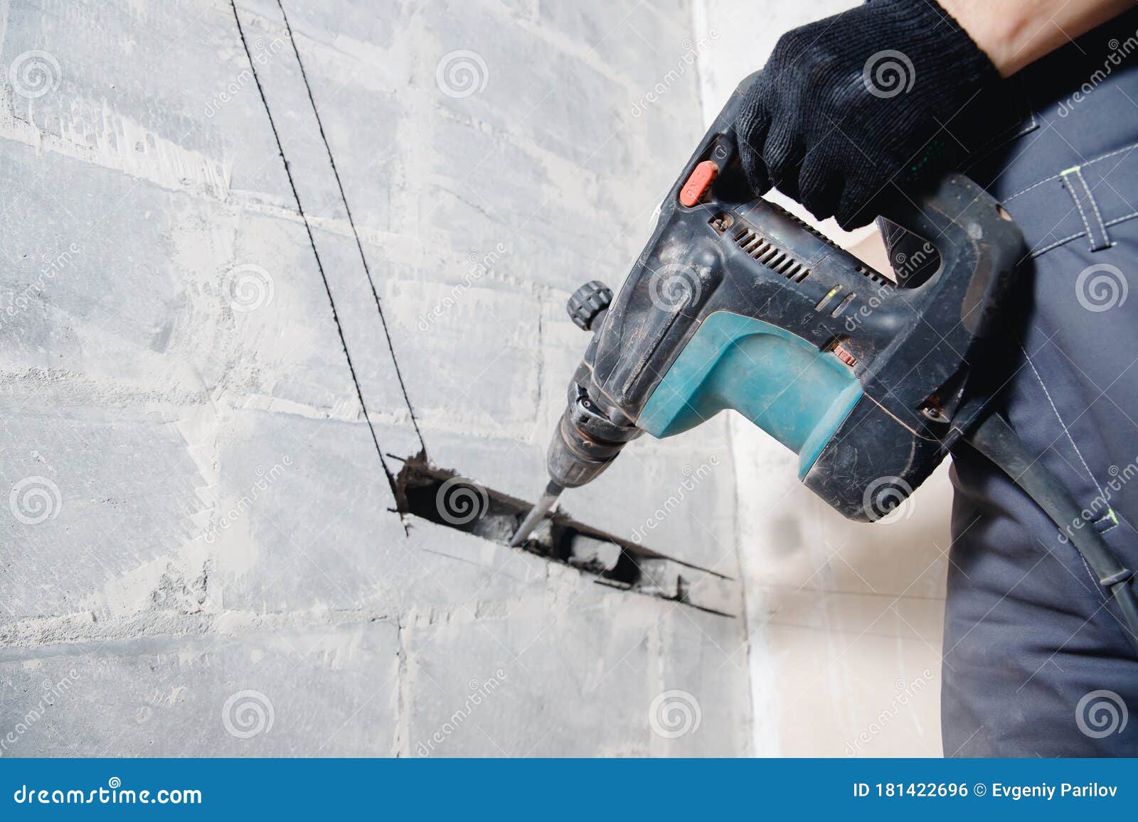 Builder Worker Man with Hammer Drill Perforator Equipment Making Hole ...