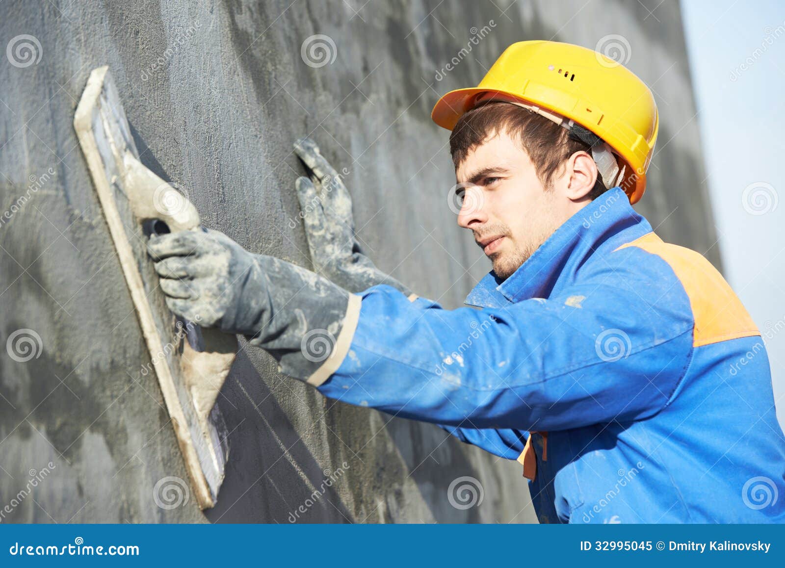 Builder Worker at Plastering Facade Work Stock Image - Image of ...