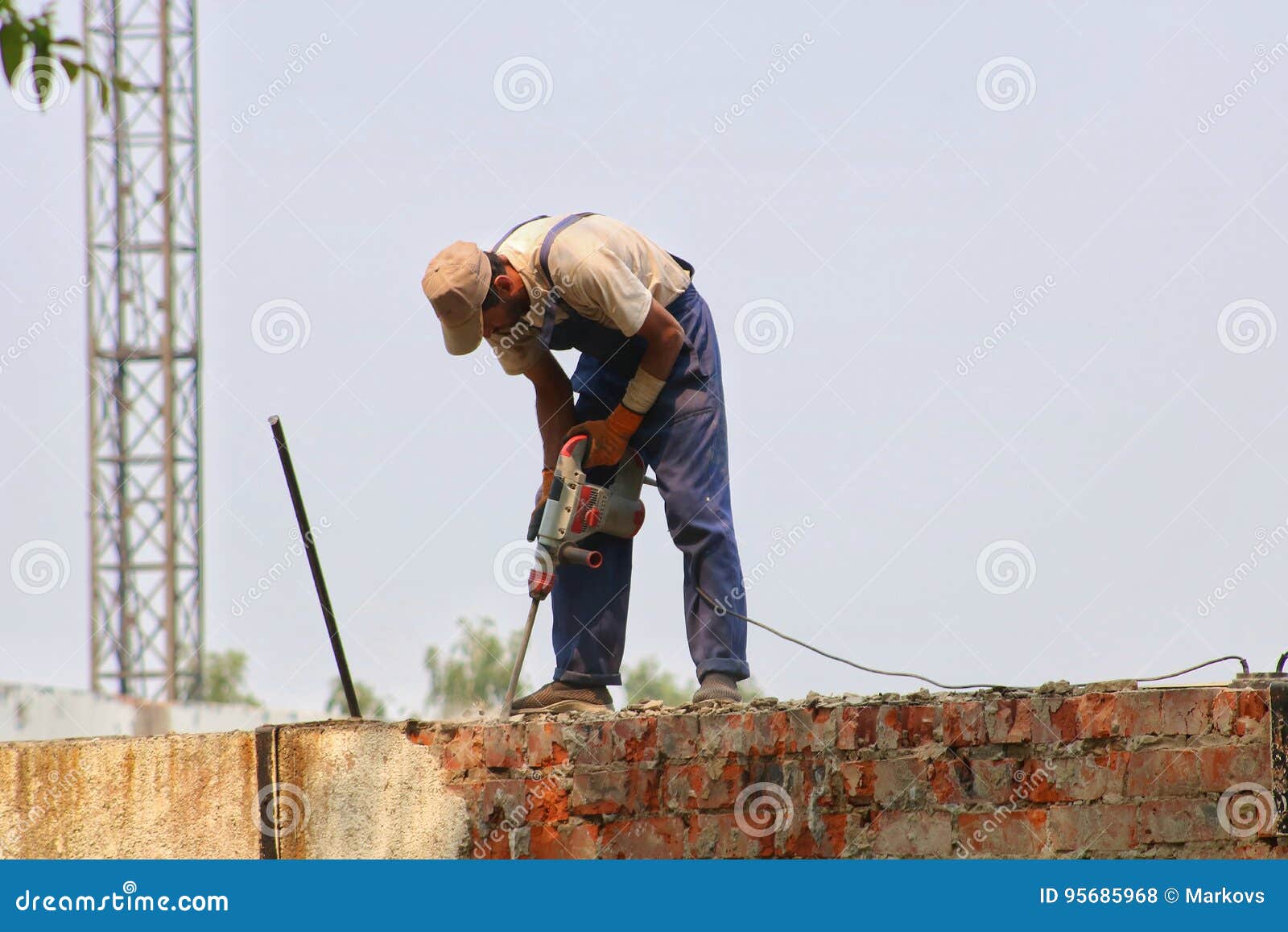 Builder Worker with Pneumatic Hammer Drill Perforator Equipment Making ...