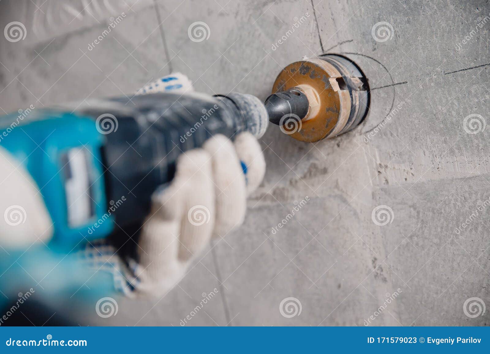 Builder Worker Pneumatic Hammer Drills Hole in Concrete Brick Wall with ...