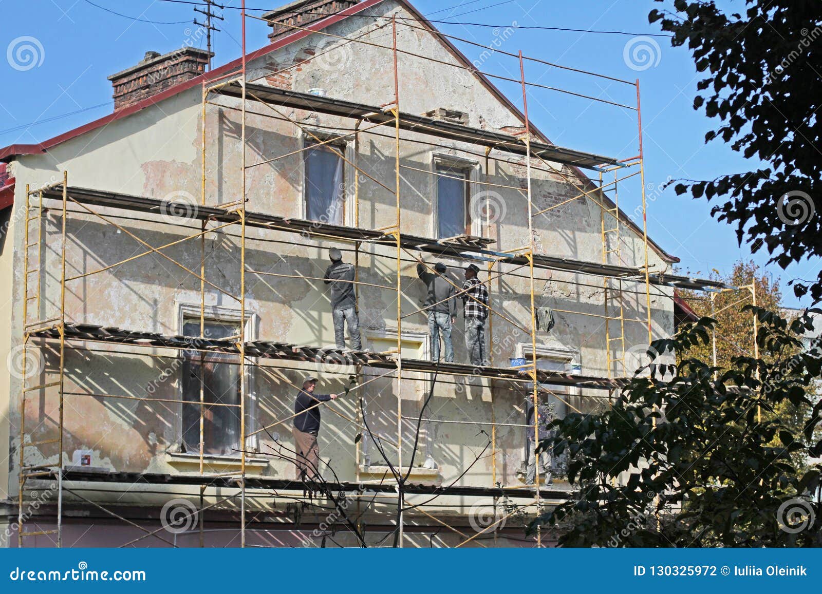 Builder Workers Reconstructing the Facade of Building in Lviv Editorial ...