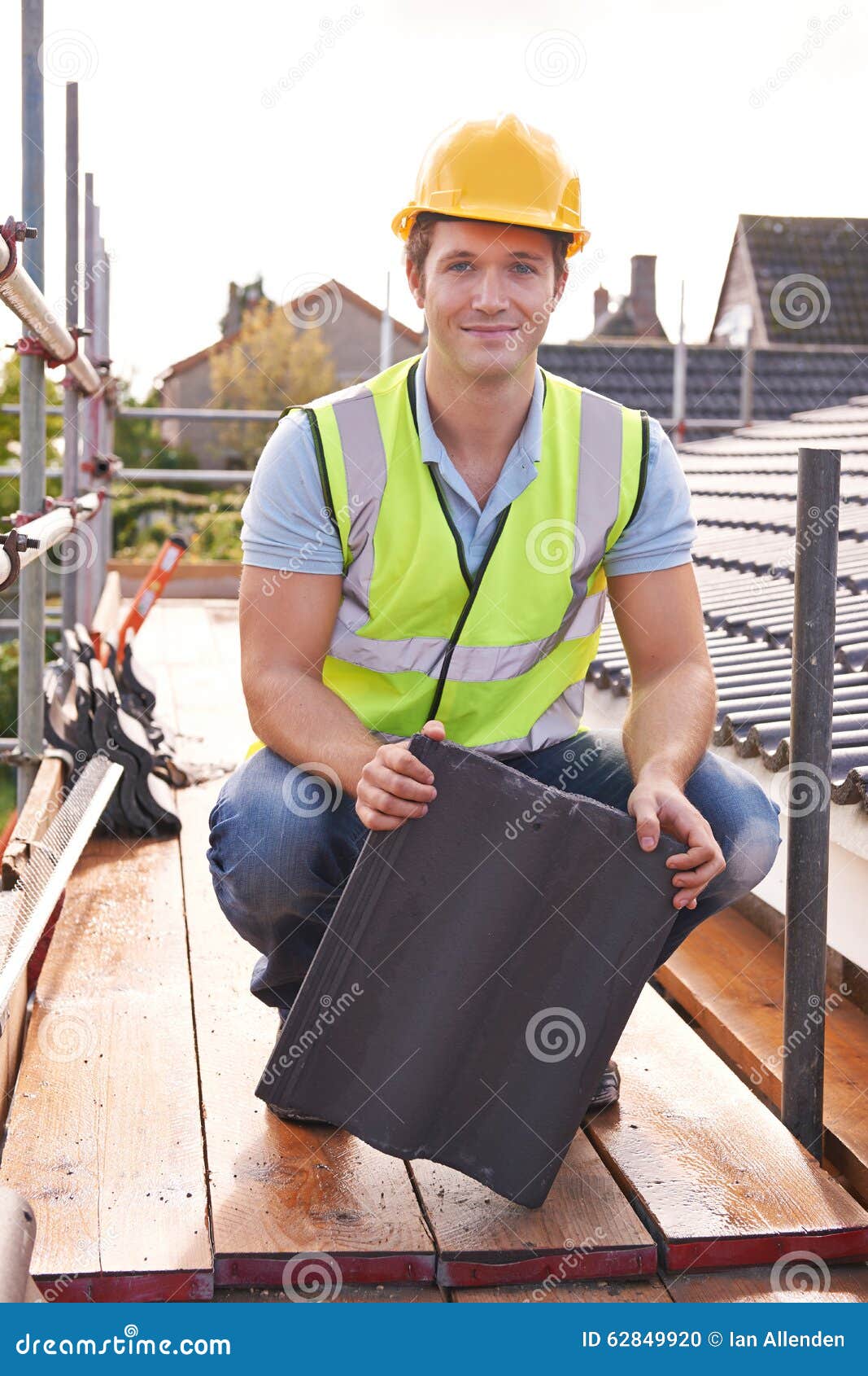 Builder Working on Roof of New Building Stock Photo - Image of camera ...