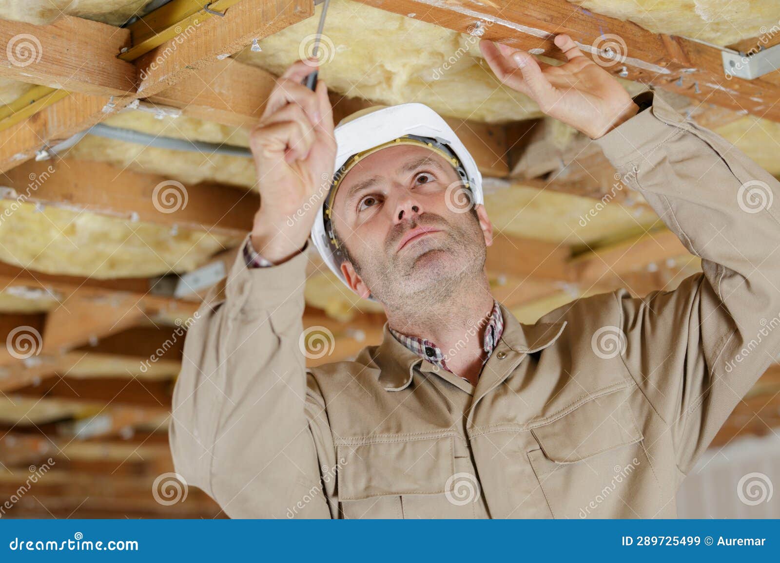 Builder Working on Wood Ceiling Stock Image - Image of laborer ...