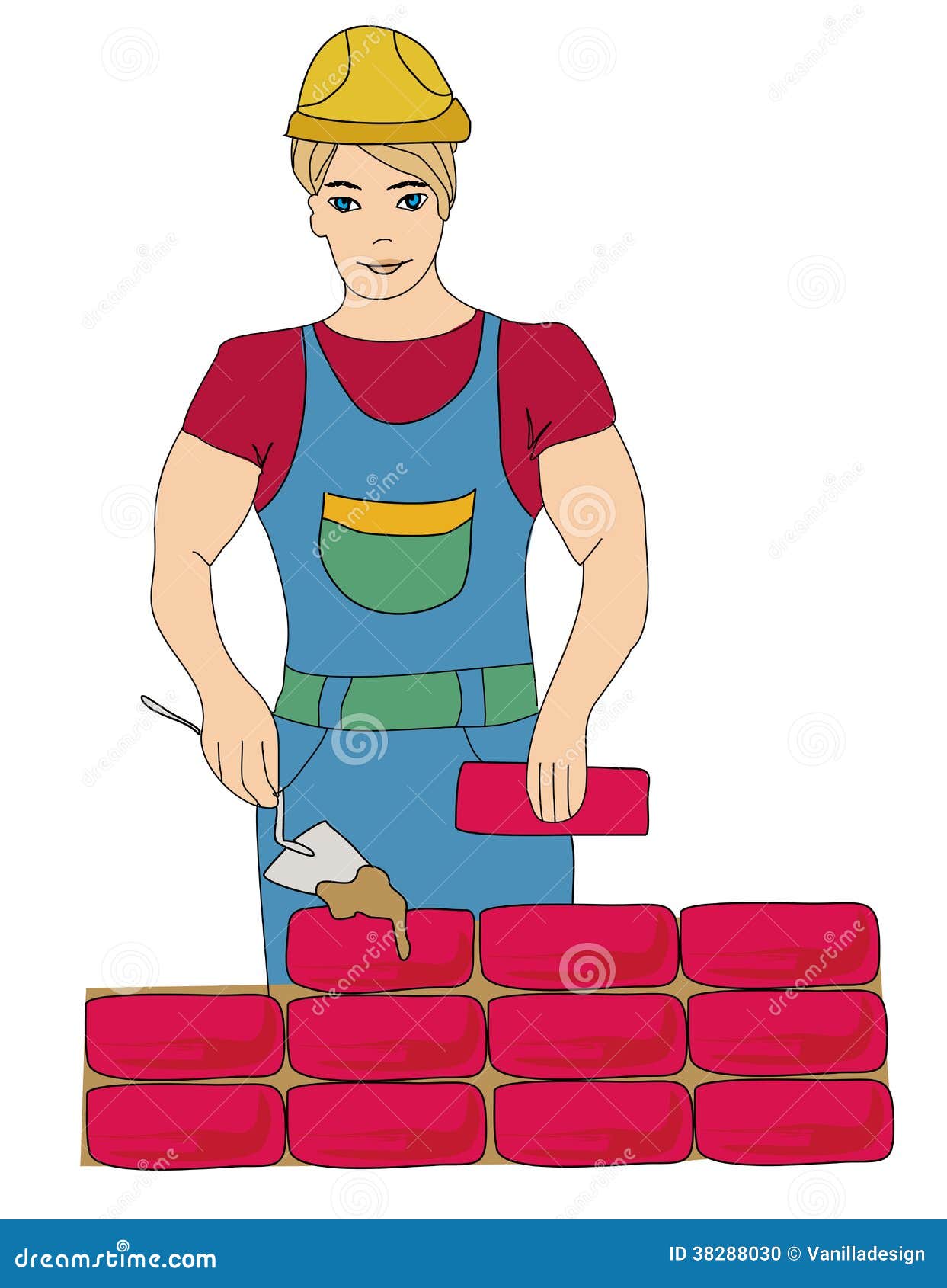 Builder Working. Working Mason Makes Laying Bricks Stock Vector ...