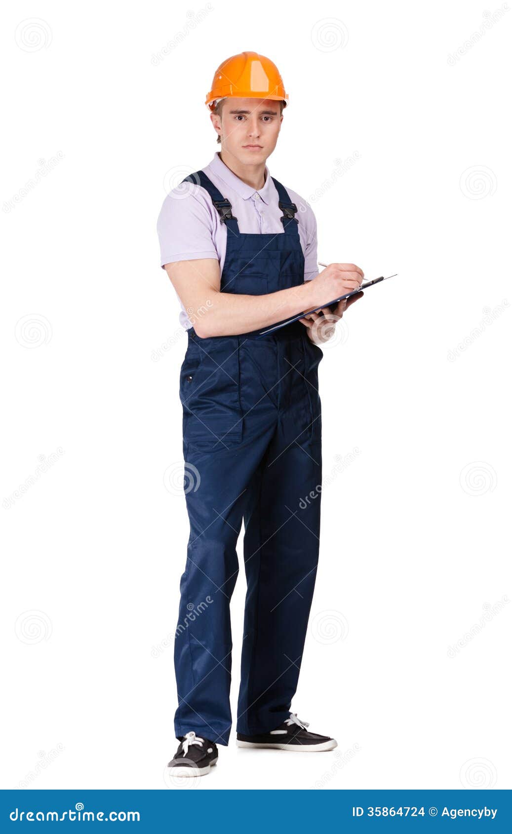 Builder Writing on a Tablet with Documents Stock Photo - Image of body ...