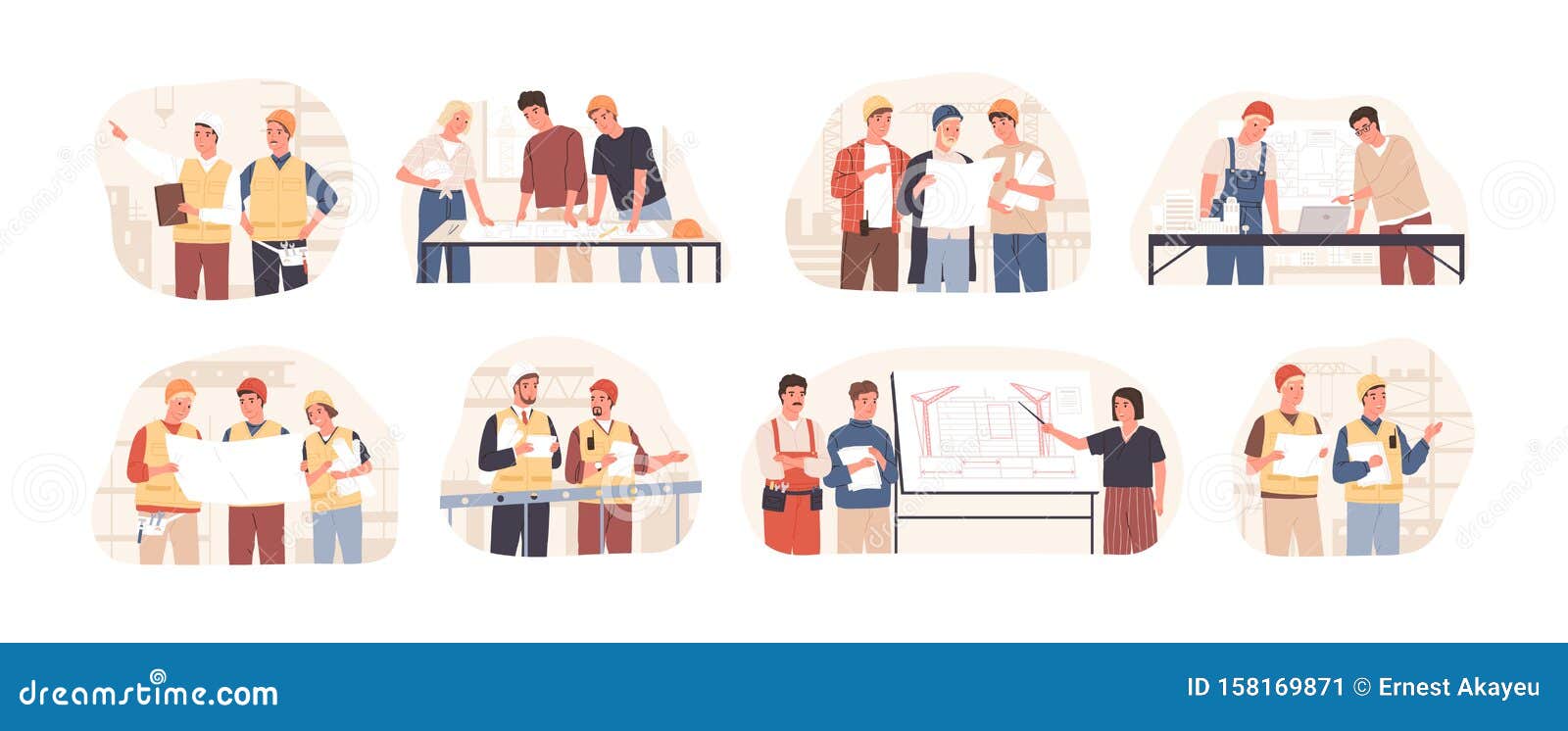 Builders and Architects Flat Vector Illustrations Set. Architectural ...