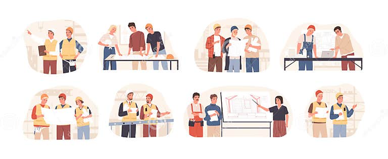 Builders and Architects Flat Vector Illustrations Set. Architectural ...