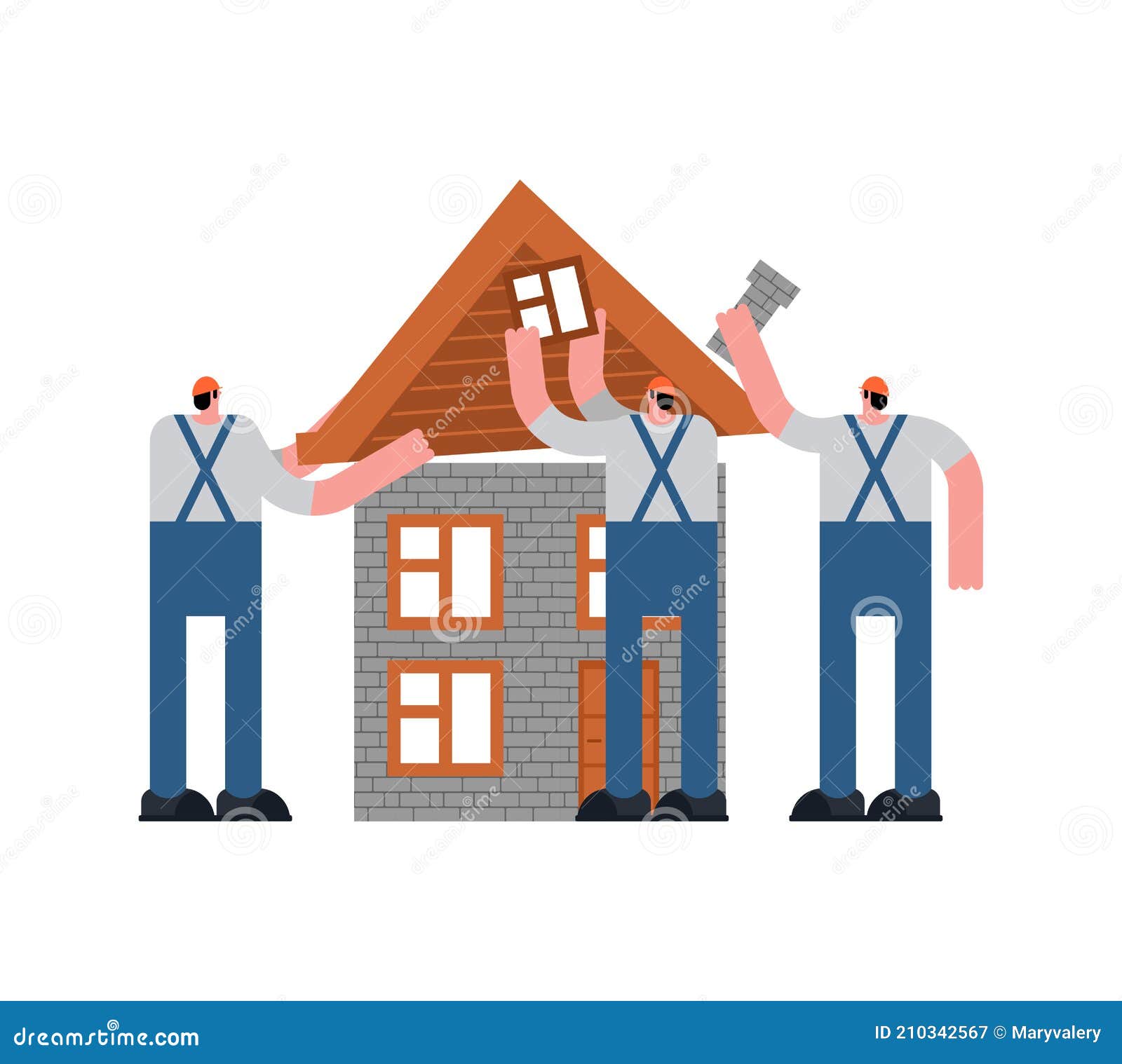 Builders Building House. Construction Worker Carpenters, Men Build Wood ...