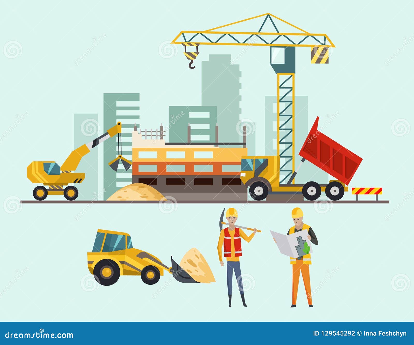 Builders on the Construction Site. Building Work Process with Houses ...