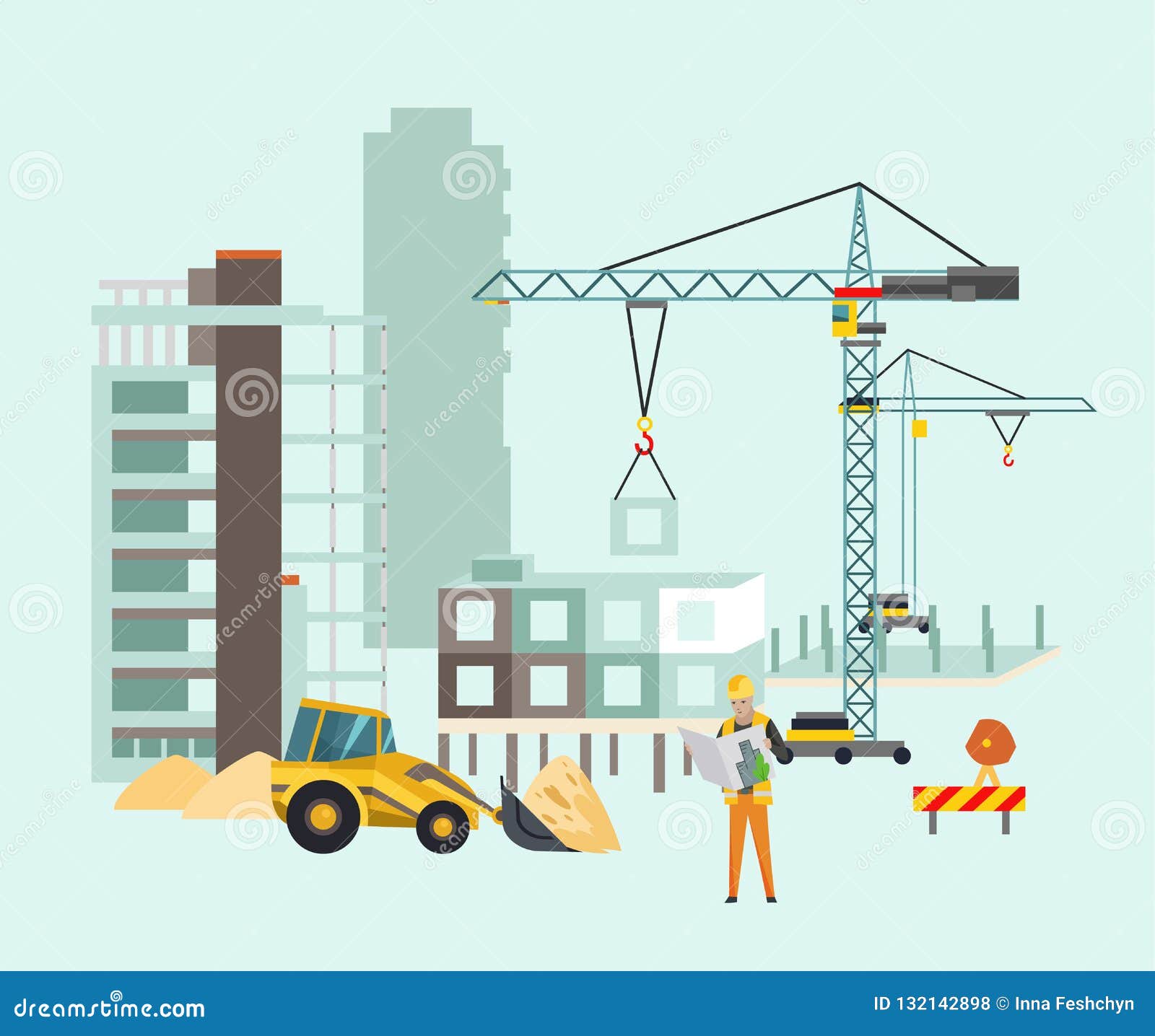 Builders on the Construction Site. Building Work Process with Houses ...