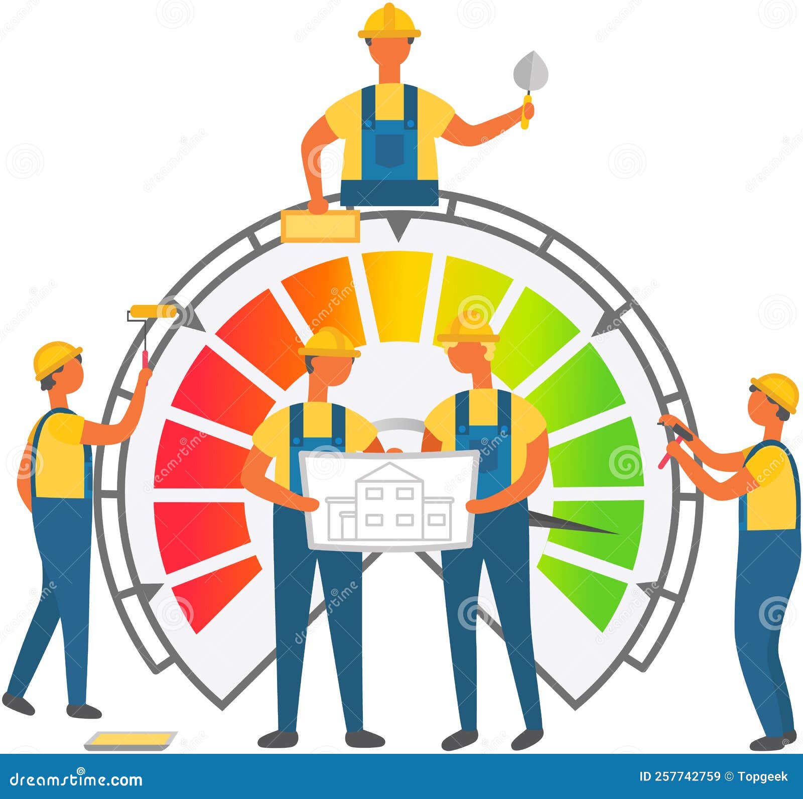 Builders on Construction Site. Building Work Process, Workers Watching Project Confer at Meeting ...