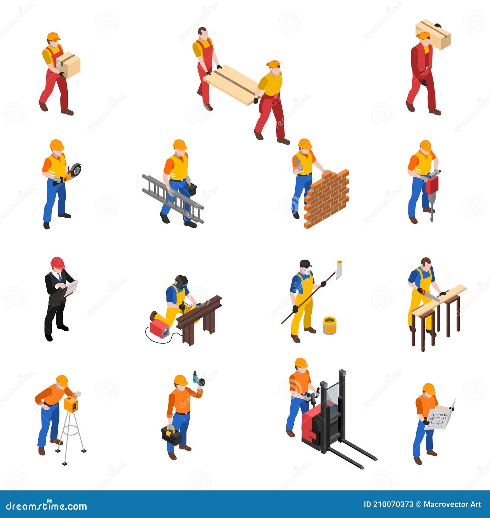 Builders Construction Workers Isometric Icons Collection Stock Vector ...