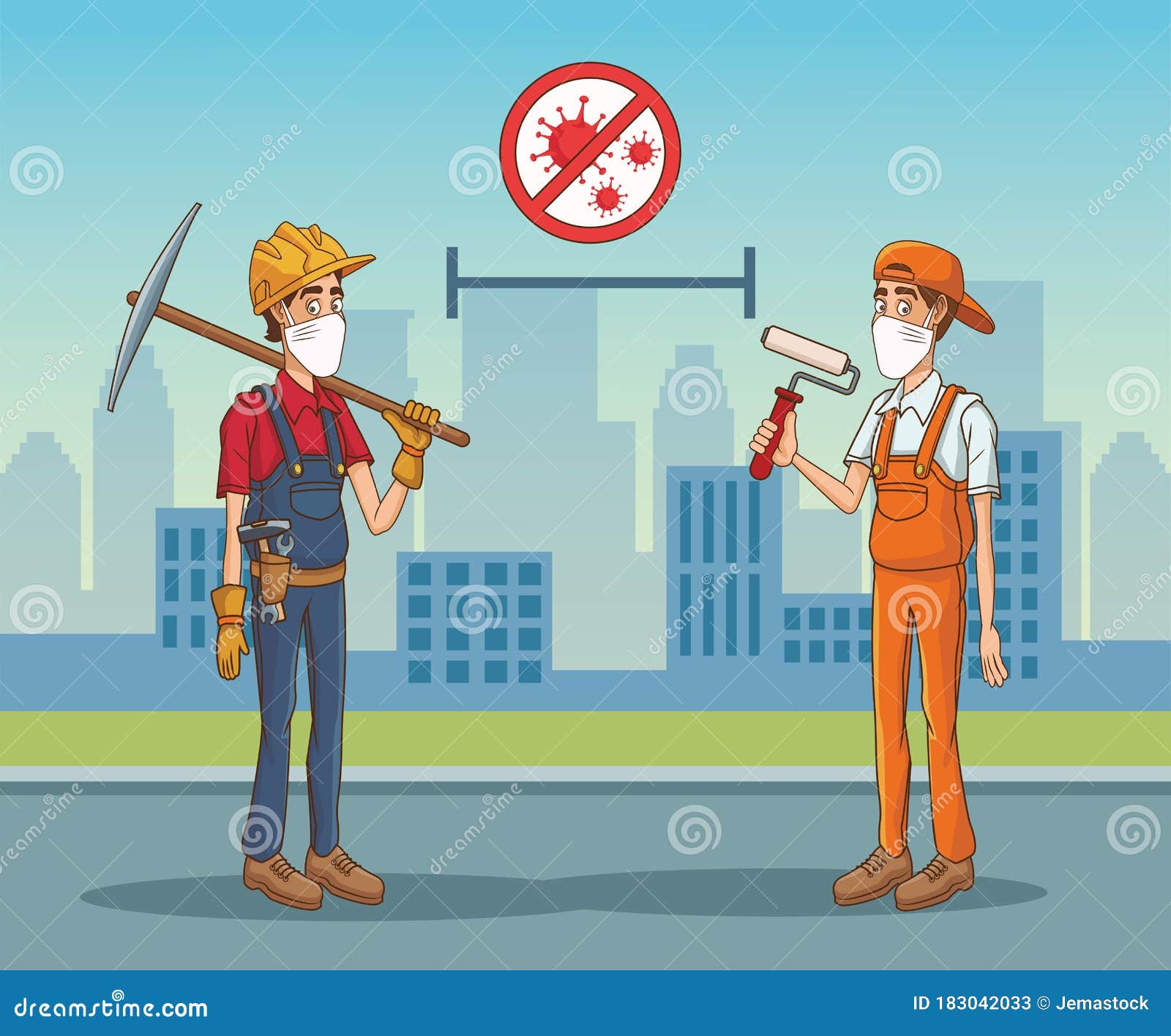 Builders Couple Using Face Mask for Covid19 Stock Vector - Illustration ...