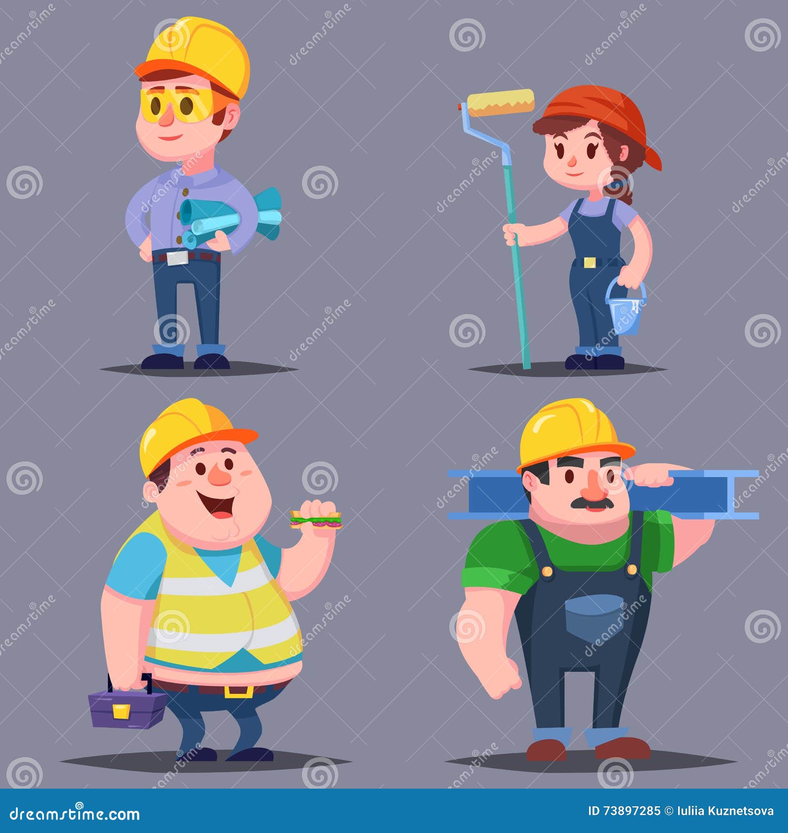 Builders Cute Cartoon Characters Set Stock Illustration - Illustration ...