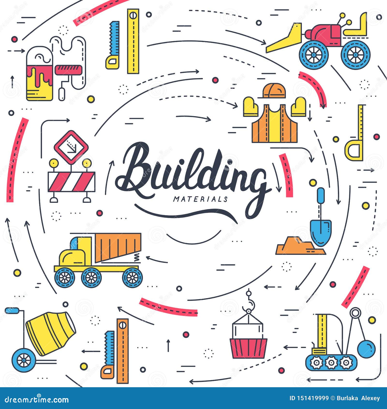 Builders Doing Labor Job and Working with Heavy Vehicles Concept. Flat ...