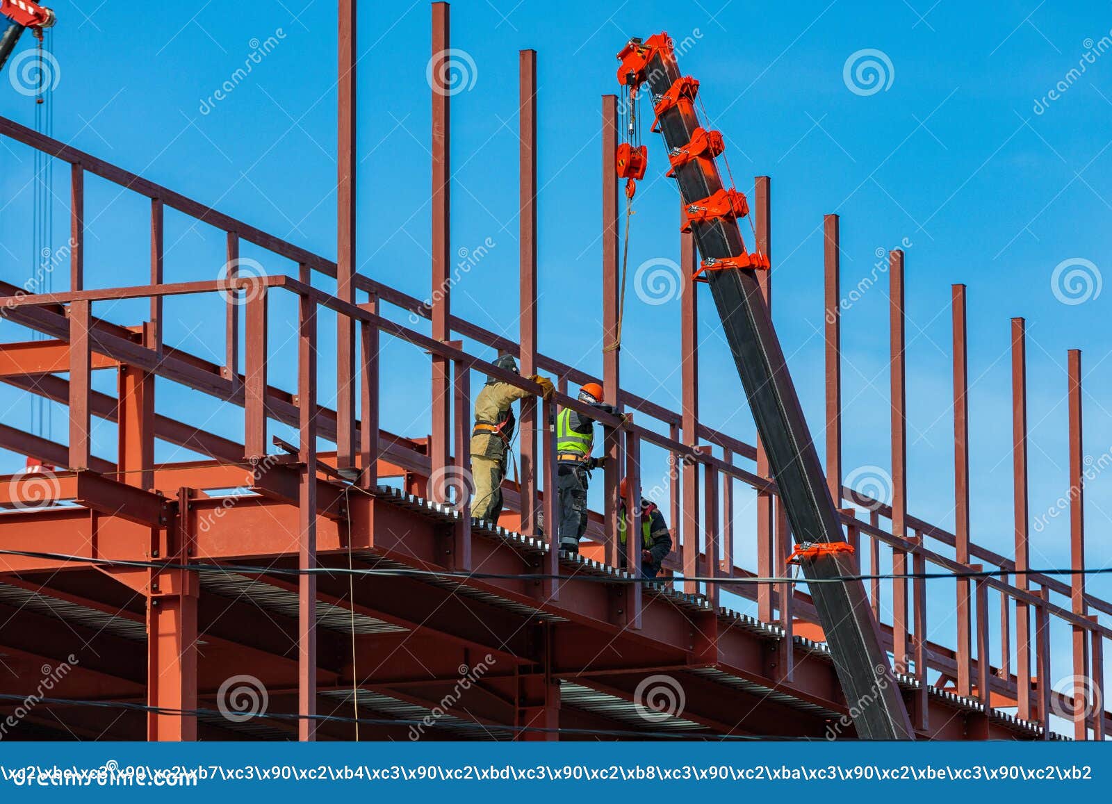 Builders Fix Iron Beams with a Crane. Frame Construction Stock Photo ...