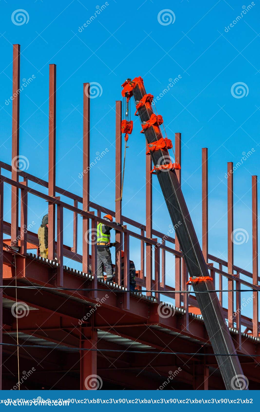 Builders Fix Iron Beams with a Crane. Frame Construction Stock Image ...