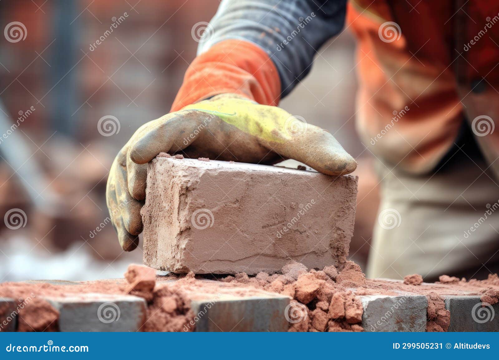 Builders Gloved Hand Placing Brick on a Construction Site Stock ...