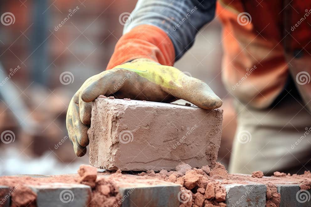 Builders Gloved Hand Placing Brick on a Construction Site Stock ...