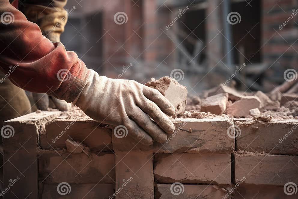 Builders Gloved Hand Placing Brick on a Construction Site Stock ...