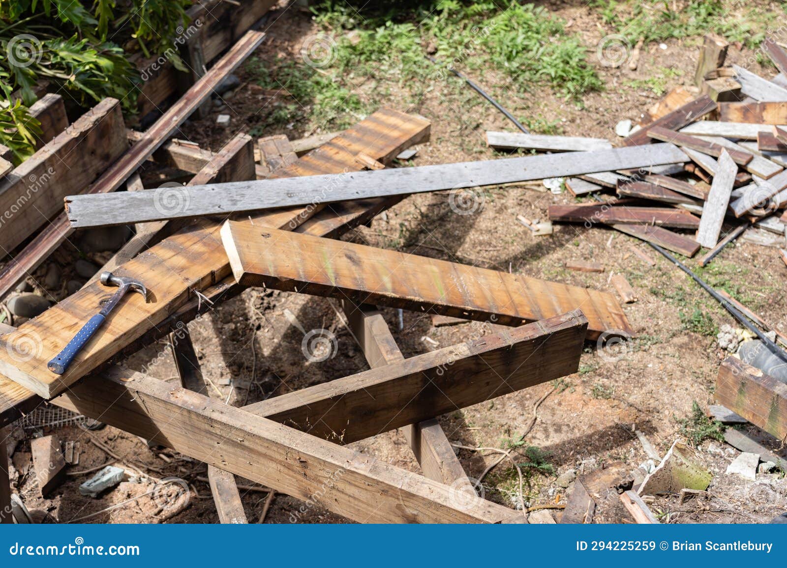 Builders Hammer with Blue Handle Left on Old Plank of Wood Stock Image ...