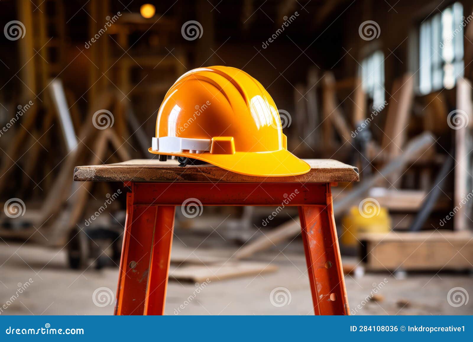 Builders Hard Hat on a Workbench. Construction Site Safety Stock ...