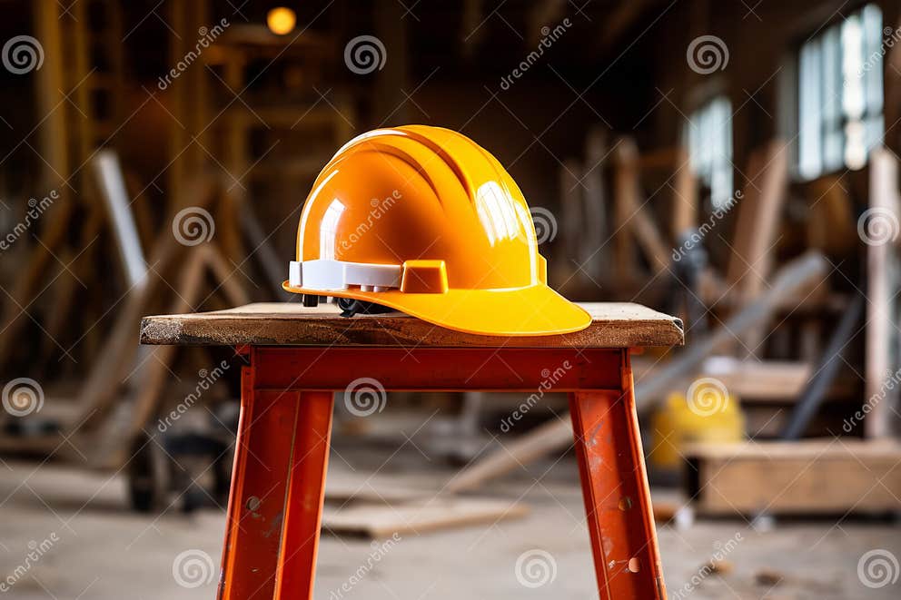 Builders Hard Hat on a Workbench. Construction Site Safety Stock Photo ...