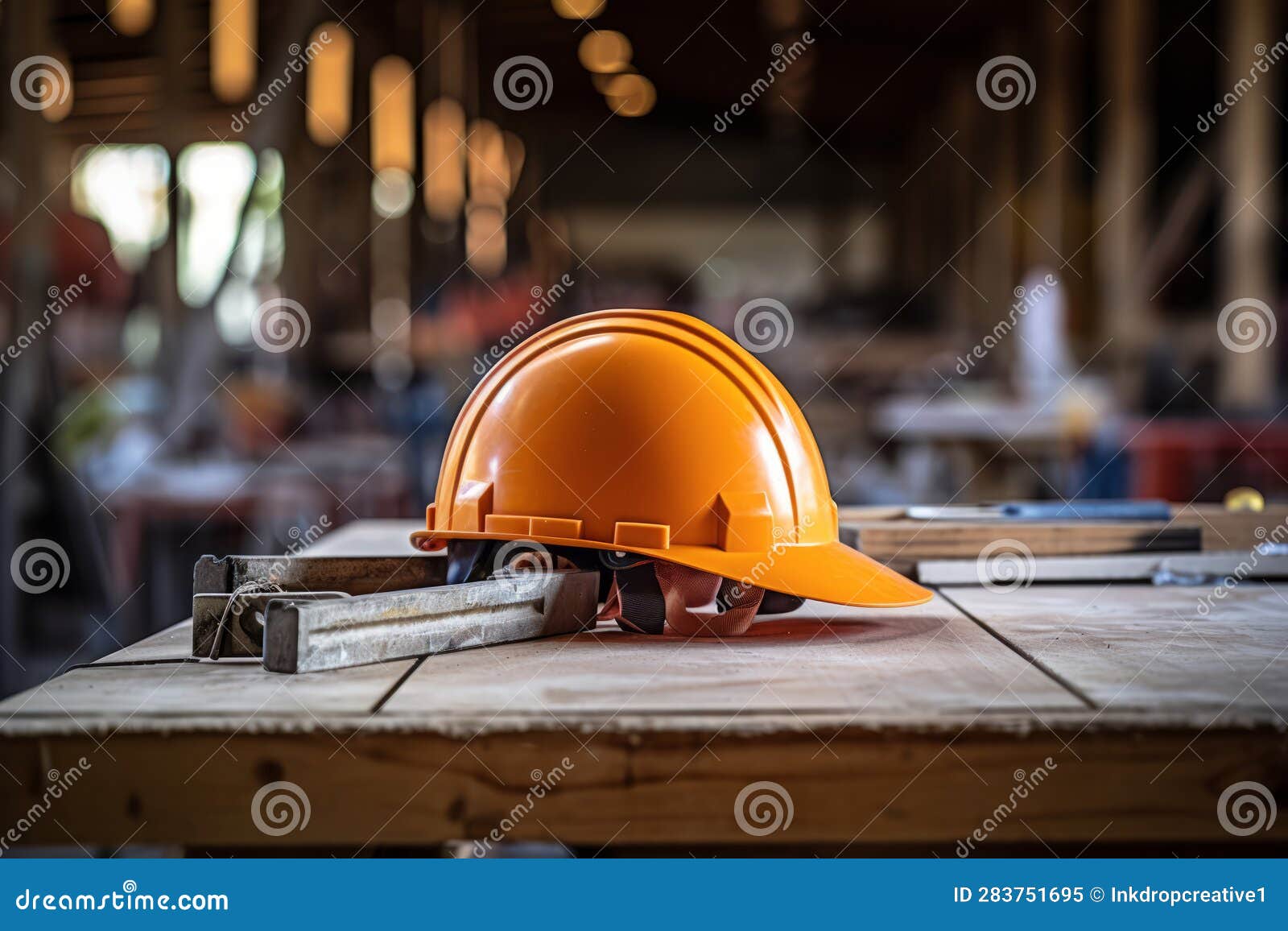 Builders Hard Hat on a Workbench. Construction Site Safety Stock ...